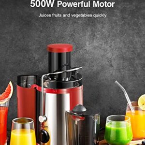 Juicer Machine, 500W Centrifugal Juicer Extractor with Wide Mouth 3” Feed Chute for Fruit Vegetable, Easy to Clean, Stainless Steel, BPA-free (Red)