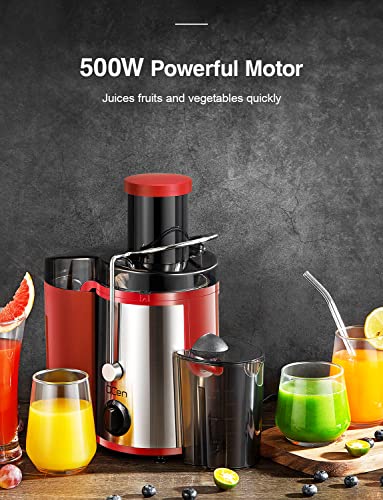 Juicer Machine, 500W Centrifugal Juicer Extractor with Wide Mouth 3” Feed Chute for Fruit Vegetable, Easy to Clean, Stainless Steel, BPA-free (Red)