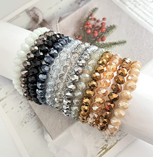 WAINIS 24PCS Bohemian Multi-Layer Crystal Beaded Stacking Bracelet For Women Versatile Stretch Strand Statement Wrap Stackable Shiny Crystal Bead Bracelets Pack