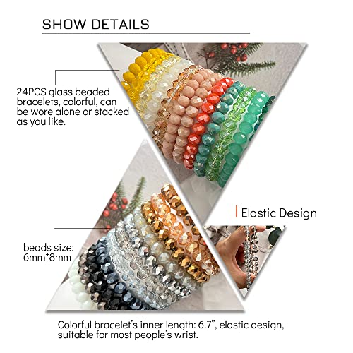 WAINIS 24PCS Bohemian Multi-Layer Crystal Beaded Stacking Bracelet For Women Versatile Stretch Strand Statement Wrap Stackable Shiny Crystal Bead Bracelets Pack