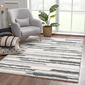 lux shag collection - moroccan farmhouse living room bedroom shaggy area rug - bohemian shag rug - plush high pile - southwestern boho soft carpet - tribal aztec - grey, off white, beige - 5'3" x 7'3"