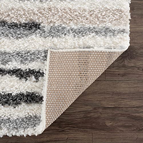 Lux Shag Collection - Moroccan Farmhouse Living Room Bedroom Shaggy Area Rug - Bohemian Shag Rug - Plush High Pile - Southwestern Boho Soft Carpet - Tribal Aztec - Grey, Off White, Beige - 5'3" x 7'3"