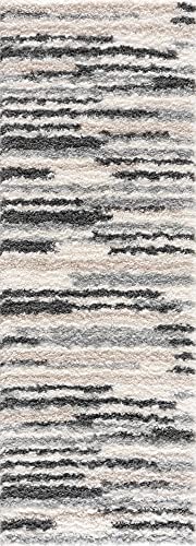 Lux Shag Collection - Moroccan Farmhouse Living Room Bedroom Shaggy Area Rug - Bohemian Shag Rug - Plush High Pile - Southwestern Boho Soft Carpet - Tribal Aztec - Grey, Off White, Beige - 5'3" x 7'3"