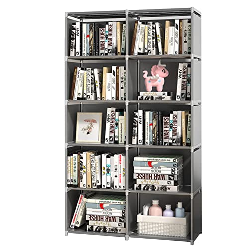 QPEY Bookshelves, Gray Bookcase Double Row 10-Grid Cube Storage Organizer Tall Portable Bookshelf Vertical Shelf for Storage