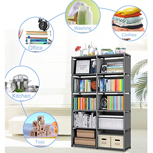 QPEY Bookshelves, Gray Bookcase Double Row 10-Grid Cube Storage Organizer Tall Portable Bookshelf Vertical Shelf for Storage