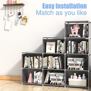 QPEY Bookshelves, Gray Bookcase Double Row 10-Grid Cube Storage Organizer Tall Portable Bookshelf Vertical Shelf for Storage