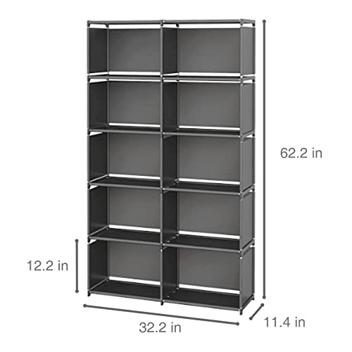 QPEY Bookshelves, Gray Bookcase Double Row 10-Grid Cube Storage Organizer Tall Portable Bookshelf Vertical Shelf for Storage