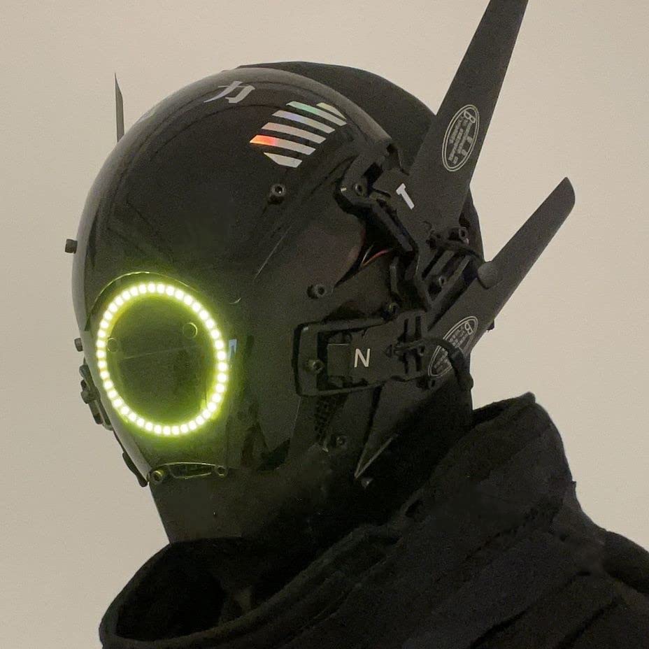 LIGUOGUO Black Punk Mask with LED Lights, Futuristic Techwear Mask Full Face Cosplay Halloween Costume Mask, Cool Glowing Punk Mask Cosplay for Men