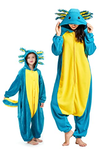 DarkCom Animal Onesie Flannel One Piece Cosplay Blue Axolotl Halloween Costume for Girls Boys