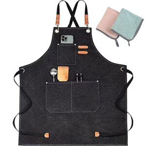 jinshangtopk chef apron, aprons for men, adjustable strap cotton canvas cross back apron with large pockets for women and men kitchen cooking baking bib apron(black)