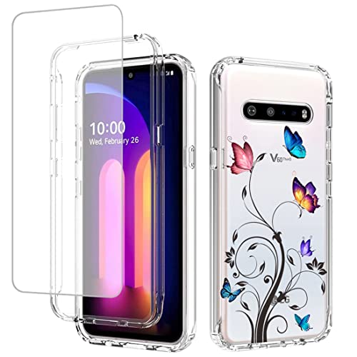 Ueokeird Case for LG V60 ThinQ 5G Case/LG V60/LM-V600 Case with Tempered-Glass Screen Protector, Cute Clear Butterfly Pattern Full Body Protective Phone Cover Cases for LG V60 ThinQ (Butterfly Tree)