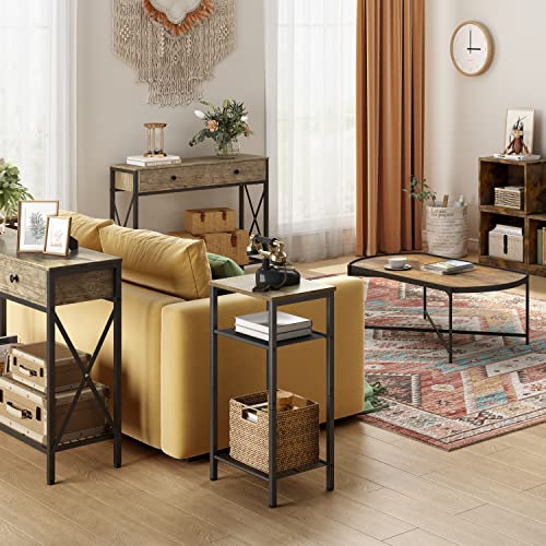 Hoctieon 3 Tier End Table, Telephone Table, Tall Side Table with Storage, Small Nightstand for Small Spaces, Metal Frame, For Living Room, Bedroom, Sofa Couch, Hall, Easy Assembly, Greige