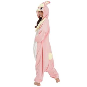 SAZAC Fluffy Rabbit Kigurumi Onesie Jumpsuit Halloween Costume (Pink)