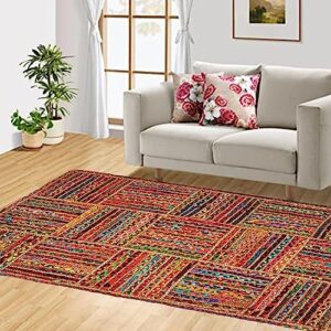 gruhum handwoven jute area rug 3'x5'ft natural fibre rectangular multicolor boho farmhouse soft braided rustic vintage reversible rug indoor outdoor kitchen bedroom livingroom hallways enterways 3x5ft