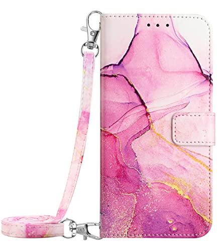 Compatible with Samsung Galaxy Z Fold 4 Case with Wallet Marble Pink Purple Gold with Long Crossbody Lanyard and Hand Strap for Samsung Galaxy Z Fold4