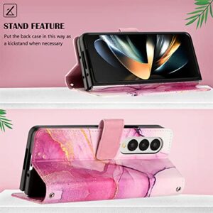 Compatible with Samsung Galaxy Z Fold 4 Case with Wallet Marble Pink Purple Gold with Long Crossbody Lanyard and Hand Strap for Samsung Galaxy Z Fold4