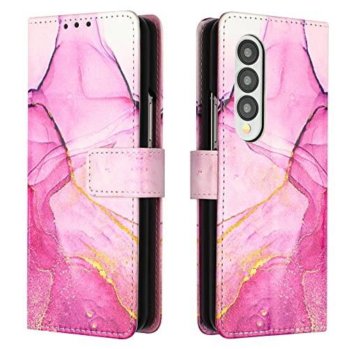 Compatible with Samsung Galaxy Z Fold 4 Case with Wallet Marble Pink Purple Gold with Long Crossbody Lanyard and Hand Strap for Samsung Galaxy Z Fold4