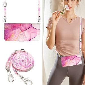 Compatible with Samsung Galaxy Z Fold 4 Case with Wallet Marble Pink Purple Gold with Long Crossbody Lanyard and Hand Strap for Samsung Galaxy Z Fold4