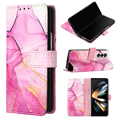 Compatible with Samsung Galaxy Z Fold 4 Case with Wallet Marble Pink Purple Gold with Long Crossbody Lanyard and Hand Strap for Samsung Galaxy Z Fold4