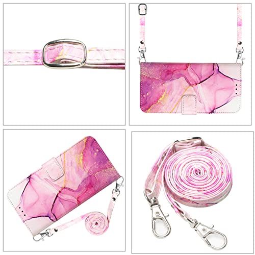 Compatible with Samsung Galaxy Z Fold 4 Case with Wallet Marble Pink Purple Gold with Long Crossbody Lanyard and Hand Strap for Samsung Galaxy Z Fold4