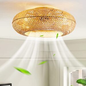 hummingbird boho ceiling fan with lights flush mount, 20 inch rattan caged ceiling fans with light and remote control, bamboo enclosed 6 speeds for bedroom, living room