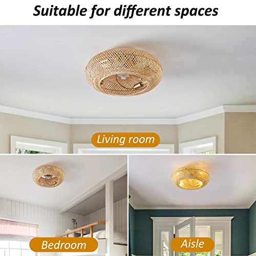 hummingbird Boho Ceiling Fan with Lights Flush Mount, 20 Inch Rattan Caged Ceiling Fans with Light and Remote Control, Bamboo Enclosed 6 Speeds for Bedroom, Living Room