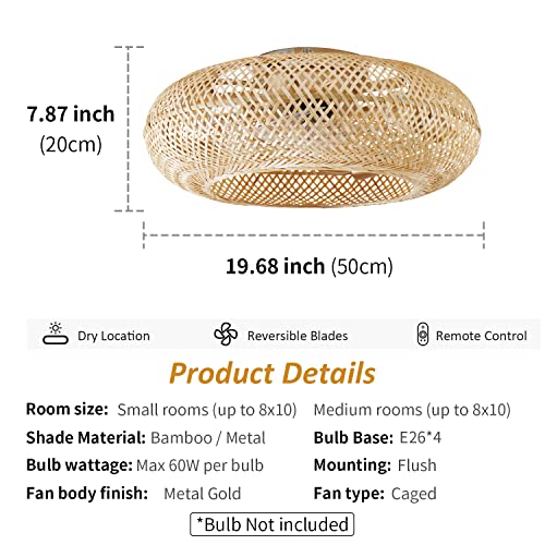 hummingbird Boho Ceiling Fan with Lights Flush Mount, 20 Inch Rattan Caged Ceiling Fans with Light and Remote Control, Bamboo Enclosed 6 Speeds for Bedroom, Living Room