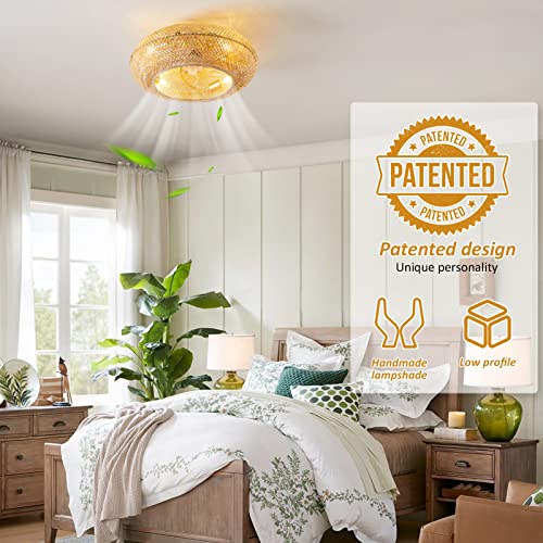 hummingbird Boho Ceiling Fan with Lights Flush Mount, 20 Inch Rattan Caged Ceiling Fans with Light and Remote Control, Bamboo Enclosed 6 Speeds for Bedroom, Living Room