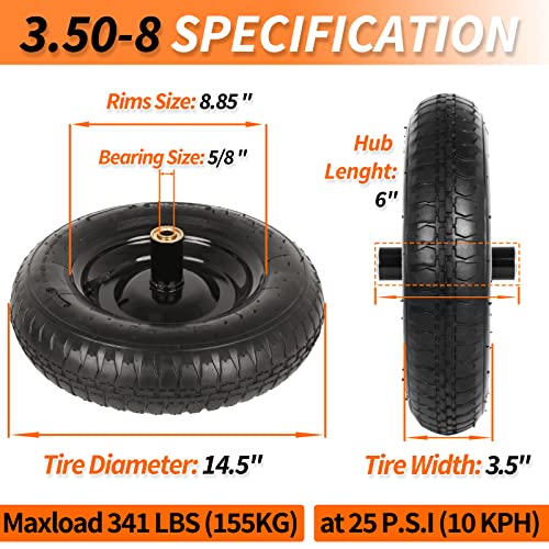 GICOOL 14.5" Tire and Wheel, 3.50-8 Wheelbarrow Pneumatic Tire, with 6" Centered Hub, 5/8" Axle Bore Hole, Sealed Bearings for Wheelbarrows Trolley Dolly Garden Wagon Gorilla Cart Wheel Replacement