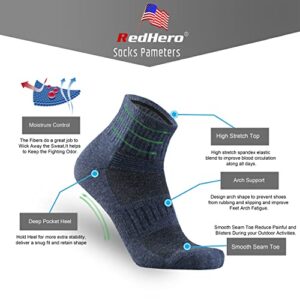 RedHero Men's Merino Wool Cushion Low Cut Quarter Socks for Outdoor Hiking Trail Running Light Performance Moisture Control(Denim L)