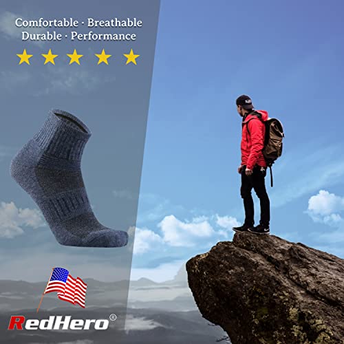 RedHero Men's Merino Wool Cushion Low Cut Quarter Socks for Outdoor Hiking Trail Running Light Performance Moisture Control(Denim L)