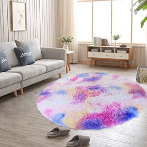 timdam round rug for bedroom, 4 feet circle rug rainbow rug for girls bedroom, fluffy kids carpet, cute fuzzy nursery rug, plush circular area rug, classroom rug small rug girls room decor