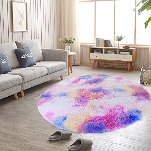 TIMDAM Round Rug for Bedroom, 4 Feet Circle Rug Rainbow Rug for Girls Bedroom, Fluffy Kids Carpet, Cute Fuzzy Nursery Rug, Plush Circular Area Rug, Classroom Rug Small Rug Girls Room Decor