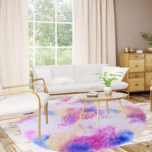 TIMDAM Round Rug for Bedroom, 4 Feet Circle Rug Rainbow Rug for Girls Bedroom, Fluffy Kids Carpet, Cute Fuzzy Nursery Rug, Plush Circular Area Rug, Classroom Rug Small Rug Girls Room Decor