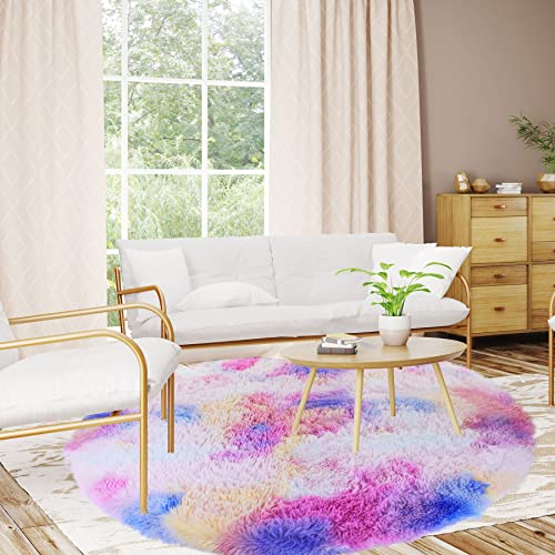 TIMDAM Round Rug for Bedroom, 4 Feet Circle Rug Rainbow Rug for Girls Bedroom, Fluffy Kids Carpet, Cute Fuzzy Nursery Rug, Plush Circular Area Rug, Classroom Rug Small Rug Girls Room Decor