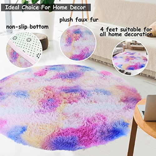 TIMDAM Round Rug for Bedroom, 4 Feet Circle Rug Rainbow Rug for Girls Bedroom, Fluffy Kids Carpet, Cute Fuzzy Nursery Rug, Plush Circular Area Rug, Classroom Rug Small Rug Girls Room Decor