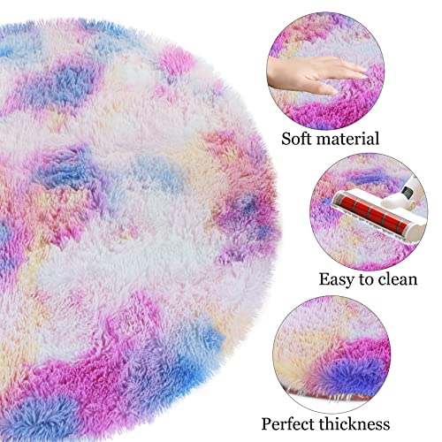 TIMDAM Round Rug for Bedroom, 4 Feet Circle Rug Rainbow Rug for Girls Bedroom, Fluffy Kids Carpet, Cute Fuzzy Nursery Rug, Plush Circular Area Rug, Classroom Rug Small Rug Girls Room Decor