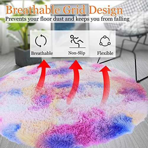 TIMDAM Round Rug for Bedroom, 4 Feet Circle Rug Rainbow Rug for Girls Bedroom, Fluffy Kids Carpet, Cute Fuzzy Nursery Rug, Plush Circular Area Rug, Classroom Rug Small Rug Girls Room Decor