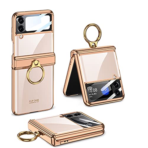 SHIEID Samsung Galaxy Z Flip4 Case with Hinge Protection, Crystal Hard PC Bumper Galaxy Z Flip 4 Crystal Case with Ring Transparent Cover for Samsung Galaxy Z Flip4, Mist Gold