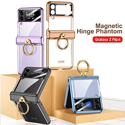 SHIEID Samsung Galaxy Z Flip4 Case with Hinge Protection, Crystal Hard PC Bumper Galaxy Z Flip 4 Crystal Case with Ring Transparent Cover for Samsung Galaxy Z Flip4, Mist Gold