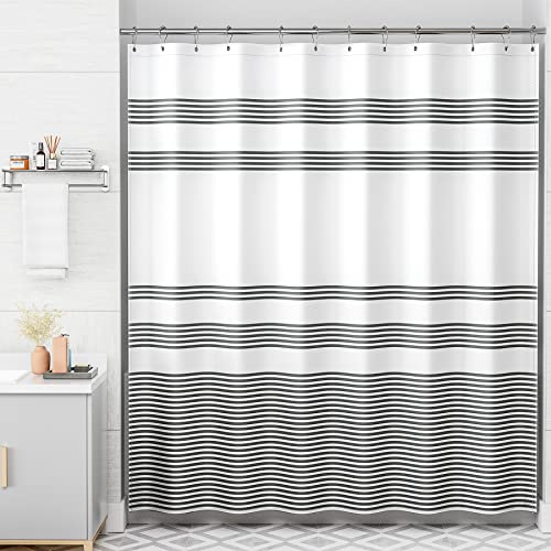 AmazerBath Shower Curtain, Striped Black Fabric Shower Curtain Set with 12 Shower Curtain Hooks, Rustic Cloth Black and White Shower Curtain, Cute Farmhouse Bathroom Shower Curtain Sets, 72x72 Inches