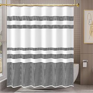 AmazerBath Shower Curtain, Striped Black Fabric Shower Curtain Set with 12 Shower Curtain Hooks, Rustic Cloth Black and White Shower Curtain, Cute Farmhouse Bathroom Shower Curtain Sets, 72x72 Inches