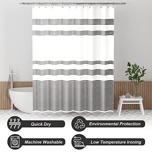 AmazerBath Shower Curtain, Striped Black Fabric Shower Curtain Set with 12 Shower Curtain Hooks, Rustic Cloth Black and White Shower Curtain, Cute Farmhouse Bathroom Shower Curtain Sets, 72x72 Inches