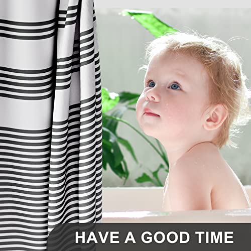 AmazerBath Shower Curtain, Striped Black Fabric Shower Curtain Set with 12 Shower Curtain Hooks, Rustic Cloth Black and White Shower Curtain, Cute Farmhouse Bathroom Shower Curtain Sets, 72x72 Inches