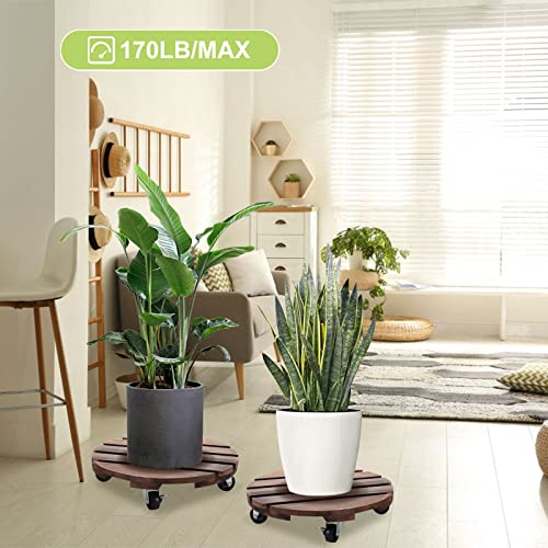 2pack 12" Plant Caddy Plant Stand with Wheels Rolling Plant Stand Heavy Duty Wooden Round Plant Dolly Rollers with Metal Lockable Casters Indoor Outdoor Pot Plant Roller Base Caddies,Patio,Flower Pot