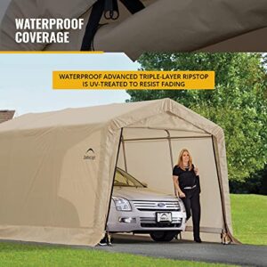 ShelterLogic 10' x 15' x 8' All-Steel Metal Frame Peak Style Roof Instant Garage and AutoShelter with Waterproof and UV-Treated Ripstop Cover, Sandstone & Pull-Eaze Roll-Up Door Kit