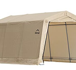 ShelterLogic 10' x 15' x 8' All-Steel Metal Frame Peak Style Roof Instant Garage and AutoShelter with Waterproof and UV-Treated Ripstop Cover, Sandstone & Pull-Eaze Roll-Up Door Kit