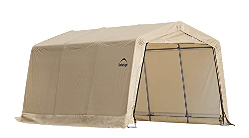 ShelterLogic 10' x 15' x 8' All-Steel Metal Frame Peak Style Roof Instant Garage and AutoShelter with Waterproof and UV-Treated Ripstop Cover, Sandstone & Pull-Eaze Roll-Up Door Kit