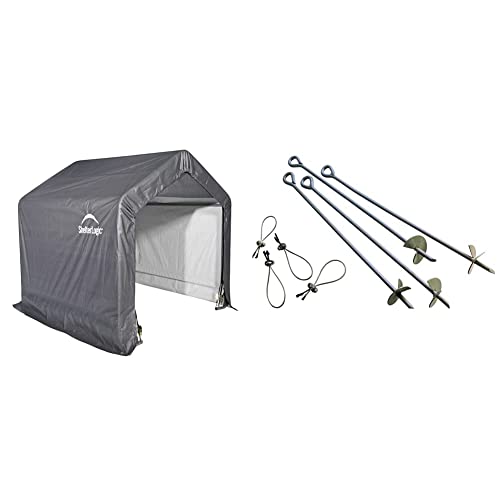 ShelterLogic 6' x 6' Shed-in-a-Box All Season Steel Metal Frame Peak Roof Outdoor Storage Shed, Grey & ShelterLogic ShelterAuger 4-Piece 30-Inch Reusable Heavy Duty Steel Earth Auger Anchor Kit