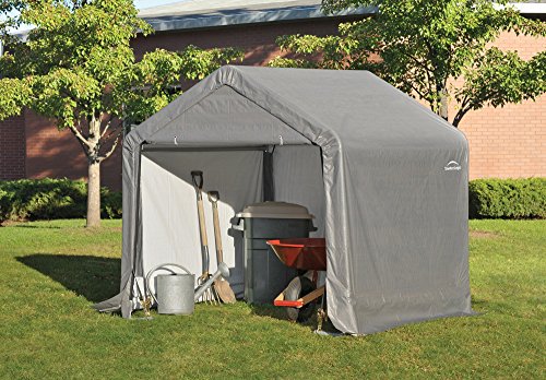 ShelterLogic 6' x 6' Shed-in-a-Box All Season Steel Metal Frame Peak Roof Outdoor Storage Shed, Grey & ShelterLogic ShelterAuger 4-Piece 30-Inch Reusable Heavy Duty Steel Earth Auger Anchor Kit